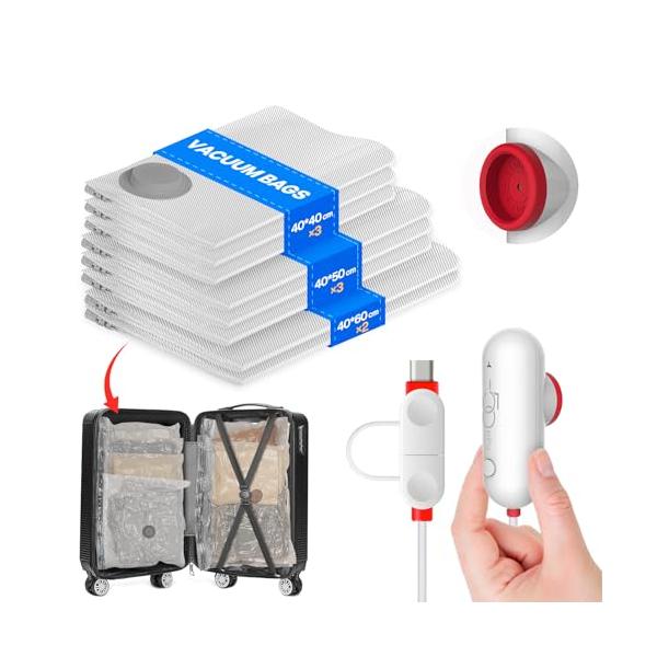 透明/USBポンプ+8枚旅行圧縮袋/W8-8T・Size:USBポンプ+8枚旅行圧縮袋・3 サイズ 8枚： 40*40*3枚 + 40*50*3枚 + 40*60*2枚+ USB 電動ポンプ，3つの異なるサイズの衣類圧縮袋 旅行用圧縮袋 て...