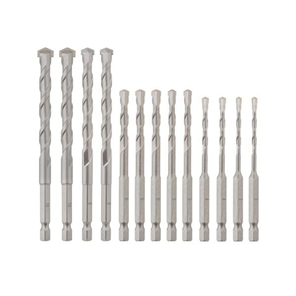 セット内容:3.0×2・4.0×2・5.0×2・6.0×3・8.0×2・10.0×2mm・材質:ドリル刃/HSS鋼、先端/タングステン合金・軸:6.35mm六角軸、回転・振動兼用・用途:コンクリート、ブロック、レンガ、モルタル、ALC