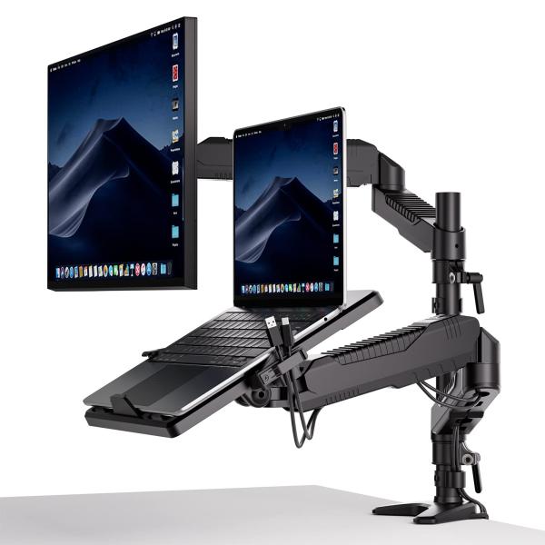 ・  LBGASSTAND2ARM・【デュアル式・トレイ付き】ガススプリングアームが二本付きで、15ー27インチのモニターを2台で同時に配置できます。そして、ノートパソコン用のトレイも付属しており、11−17インチのノートパソコンに適用しま...