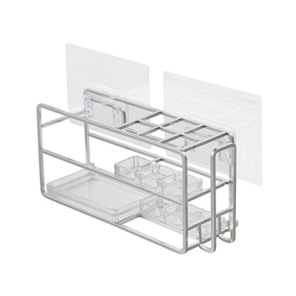 ・シルバー 60×220×120mm B00367・歯ブラシか電動歯ブラシ用替えブラシを6本収納。同時に歯みがき粉とコップも収納できます。・トレーを上下に移動することで、歯ブラシか電動替えブラシかの選択ができます。・ステンレス素材と抗菌材配...