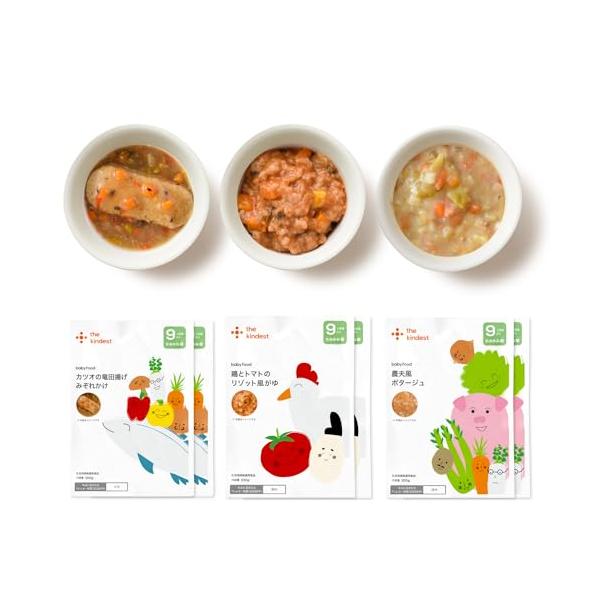 FlavorName:カツオの竜田揚げみぞれかけ、鶏ととまとのリゾット風がゆ、農夫風ポタージュ・パッケージ個数:6・??［ 食材重視のベビーフード ］ the kindest （ カインデスト ）のプレミアムシリーズをご紹介具材の野菜は国産...