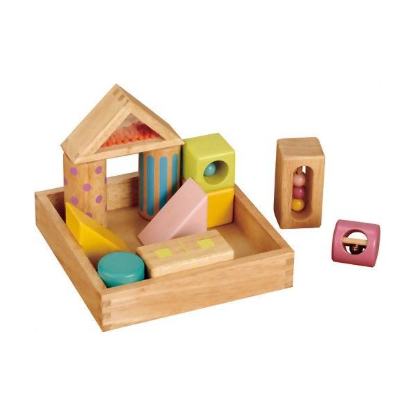 ・ブルー  ・サイズ：最小立方体積み木 W4.5×D4.5×H4.5cm、木箱 W20.5×D20.5×H5cm・材質：木製・対象年齢：1歳/2歳/3歳〜・セット内容：音入り積み木×11、木箱