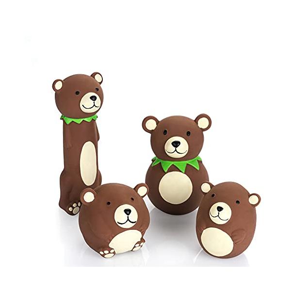 面白い・ブラウン 4個 小さい ・天然ラテックスゴム製、無毒。・柔らかい、スクイーズスクイーク、面白いヒグマの家族、ぬいぐるみでいっぱい。・4個 ースおかしいヒグマのおもちゃセット、ロングスティックベア、卵形のクマ、ボウリング球型のクマ ＆...