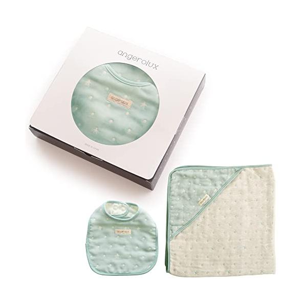 かわいいミントブルー/ワンサイズ/-・Color:ミントブルー・ご出産祝い品として、そのままお渡しできるギフトBOX仕様・ふんわりと軽い綿100％ガーゼ素材のスタイとフード付きバスタオルのギフトセット・フード付きバスタオルは大判サイズだから...