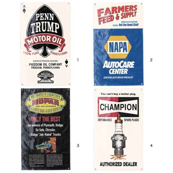 1・TRUMP MOTOR OIL 2・NAPA3・MOPAR4・CHAMPIONサイズ(約)：高さ136×横84cm素材：ビニールスペードのエースみたいなデザインが格好良いTRUMP MOTOR OIL、アメリカのオートパーツチェーン・N...