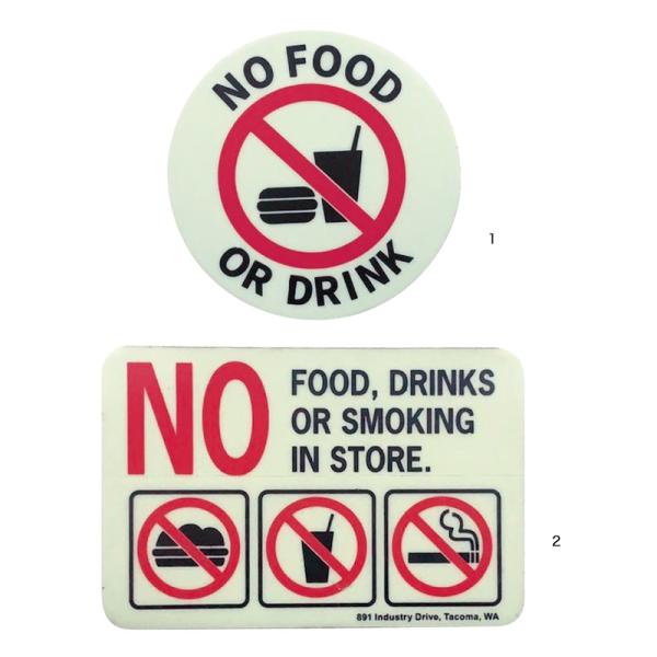 １・飲食禁止　　　　サイズ(約)：直径7.5cm２・飲食禁止・禁煙　サイズ(約)：高さ7.3×横11cm素材：アルミ製アメリカからやって来たアルミ製の飲食禁止、禁煙のサインステッカーです！１は食べ物のイラストがハンバーガーな所がアメリカっぽ...