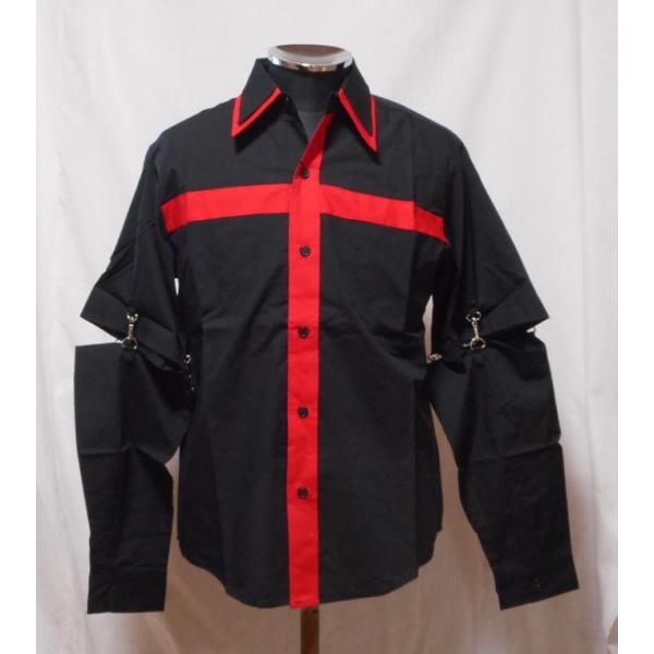 パンク系の二重襟シャツで、素材は綿100％です。サイズは実寸で、フリー（胸囲104cm・着丈71cm・肩幅46cm・半袖25cm・長袖62cm）です。