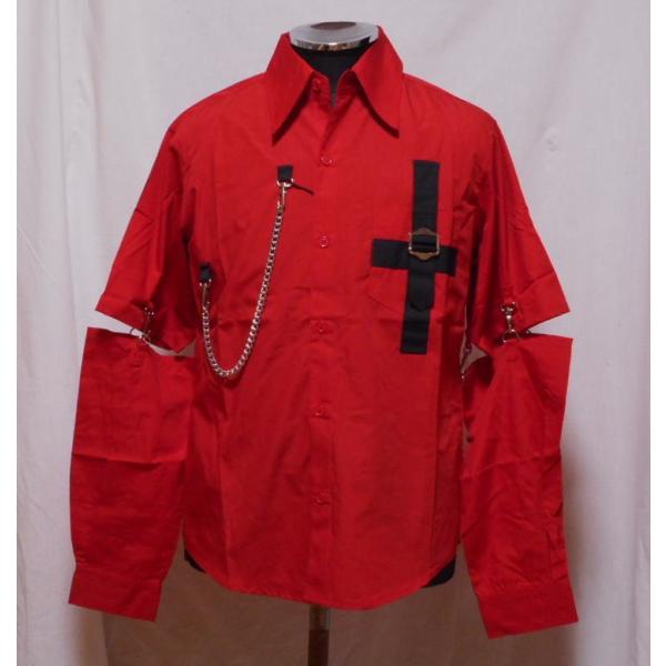 パンク系のクロスシャツで、素材は綿100％です。サイズは実寸でおよそ、Ｓ（胸囲94cm・着丈60cm・肩幅41cm・半袖22cm・長袖58cm）、Ｍ（胸囲102cm・着丈71cm・肩幅44cm・半袖24cm・長袖59cm）、フリー（胸囲10...