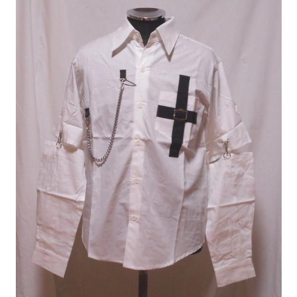 パンク系のクロスシャツで、素材は綿100％です。サイズは実寸で、Ｓ（胸囲94cm・着丈60cm・肩幅41cm・半袖22cm・長袖58cm）、Ｍ（胸囲102cm・着丈71cm・肩幅44cm・半袖24cm・長袖59cm）、フリー（胸囲104cm...