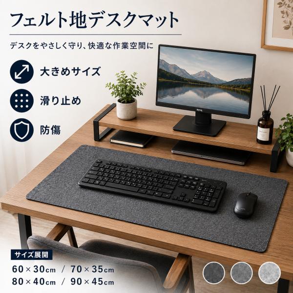 デスクをキズや汚れから守り、快適な作業空間をつくるフェルト地デスクマットです。キーボードやマウスを置いてもゆとりのある大きめサイズで、デスクワークや勉強、在宅ワークにおすすめ。やわらかなフェルト素材で手や腕にやさしく、マウス操作もスムーズ。...