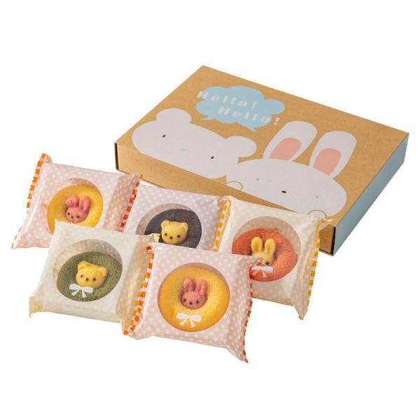 いろとりどりなドーナツのまんなかに、かわいらしいウサギとクマをデザインした美味しい＆かわいい焼ドーナツです。見た目のかわいらしさはもちろん、しっとりとした食感に、きっとあなたもトリコになること間違いなし♪各種贈り物に最適な、キュートでユニー...