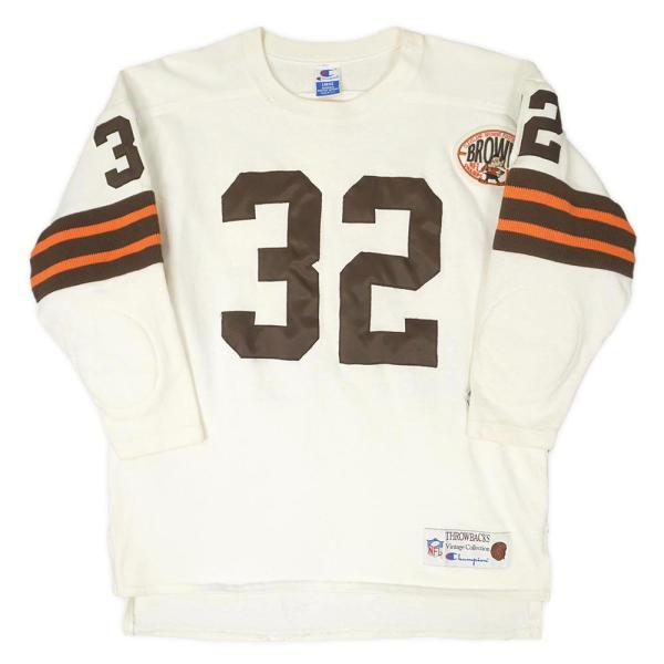 商品名：チャンピオン Champion 90s フットボールTシャツ USA製 BROWNS THROWBACKS Vintage Collections 古着 (-8720)表記サイズ：L実寸サイズ：着丈(襟元から裾):78cm  身幅(...