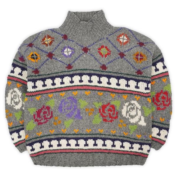 商品名： BALTA IMPORTS 80s エクアドル ハイネック タートル ハンドニット セーター ローズ 花柄 古着 7775表記サイズ：L相当実寸サイズ：着丈(襟元から裾):68cm  身幅(脇下から脇下):64cm  肩幅:69c...