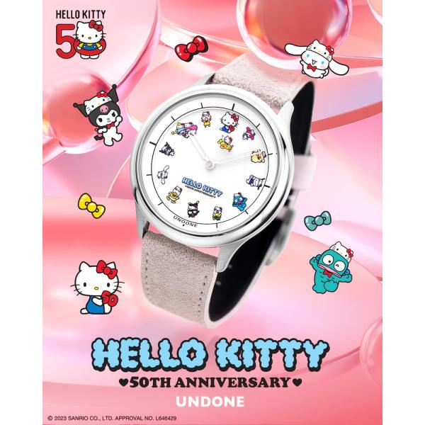 ハローキティの生誕50周年を記念して登場した、サンリオキャラクターが勢揃いした特別なクォーツ式モデル「PARTY PARTY」。各時刻のインデックスには人気キャラクターたちが配置され、にぎやかで遊び心あふれるパーティ感を演出。ディスク型の秒...
