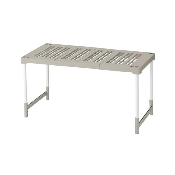 サイズ:76~93×37×36~43cm本体重量:1.6Kg素材・材質:棚板・脚/ポリプロピレン 脚柱/スチール鋼管粉体塗装 ストッパー用ボタン/真鍮 ボタン用スプリング/ばね鋼4段階高さ調節機能付き耐荷重:約30kg付属品:可動式棚2枚