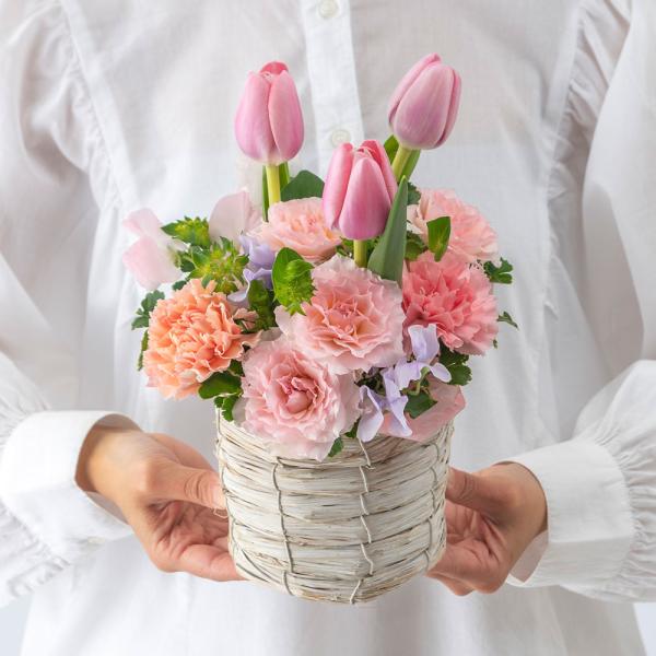 ■お届け2026/1/9 から 2026/1/31まで 3日後以降でご指定可■注文締切2026/01/28　14:00まで外の寒さを忘れてしまうような、ふんわりと優しい春色のアレンジメントです。 主役は、ぷっくりとした姿が愛らしいピンクのチ...