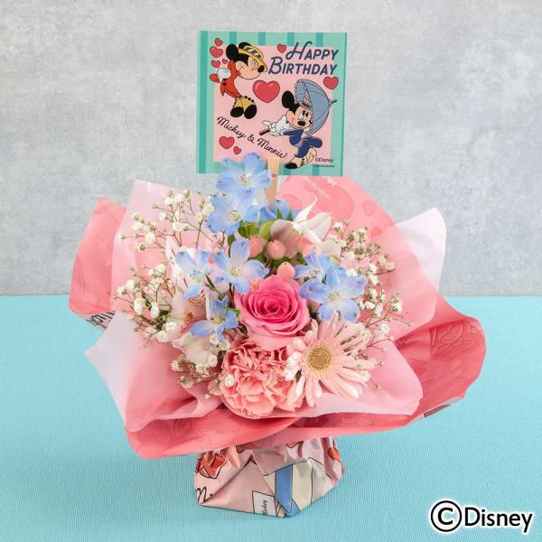 ■お届け 3日後以降でご指定可■注文締切2026/05/28　14:00まで「花を贈りたいけど、相手に手間はかけたくない」…そんな気遣いを叶えます。「ミッキーマウス」と「ミニーマウス」が祝福してくれる、キュートなピンク＆ブルーの花束です。ピ...