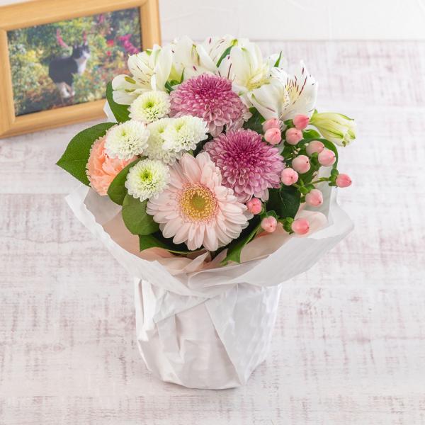 ■お届け 3日後以降でご指定可■注文締切2026/07/28　14:00まで可愛らしい淡いピンクのガーベラ、心癒されるピンクのスプレーマム、そして爽やかなヒペリカムなどを厳選してアレンジしました。見る人の心をそっと包み込むような、優しいカラ...
