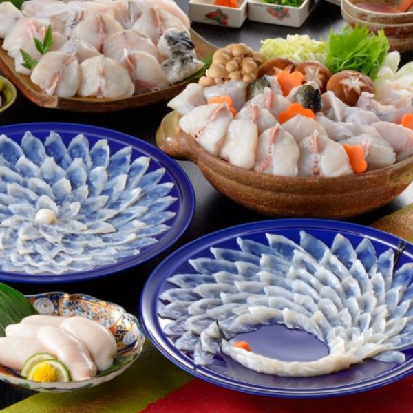 豪華なふぐの饗宴を華やかに演出するとらふぐの鶴盛と菊盛の刺身。職人による盛り付けの技と、鍋いっぱいに広がるふぐちりの魅力、まろやかな白子の格別な味わいをご家庭で存分にご堪能できます。【内容量】とらふぐ刺身(鶴盛)130g（瑠璃プラ皿30cm...