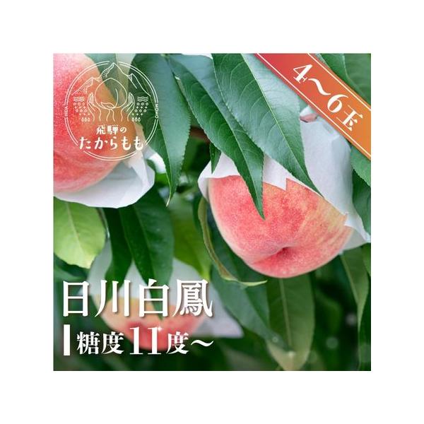 【商品】飛騨のたから桃 日川白鳳 【商品内容】桃  糖度11度以上 4-6玉品種：日川白鳳お届け時期：7月中旬ごろ【商品説明】標高500m、四方を北アルプスに囲まれた農園は夏でも朝晩の寒暖差が激しく、桃を育てるのに適した土地です。飛騨地域の...