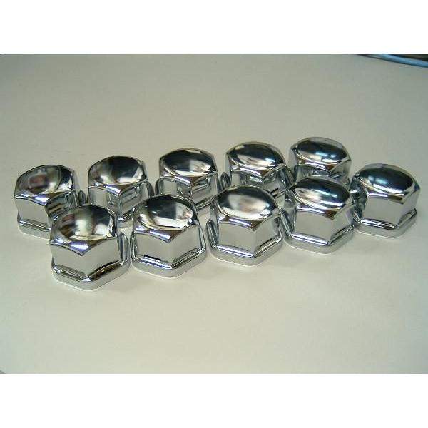 クロームメッキ仕上げで輝きバツグン！ホイールのドレスアップに最適です。ボルト、ナットを泥やホコリから保護します。＊本製品は１０ヶ入りです。●材質：スチールメッキ仕上げ●サイズ：全長３３mm●適合：３３mmナット１０穴ホイル用