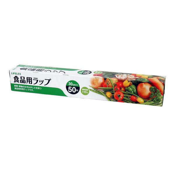 【仕様】●原材料名：ポチエチレン●添加物名：脂肪酸エステル（柔軟剤）●寸法（約）：幅30cm×長さ50m●耐熱温度（約）：110度●耐冷温度（約）：-40度【使用上のご注意】※火気に近づけないでください。※油性の強い食品を直接包んで電子レン...