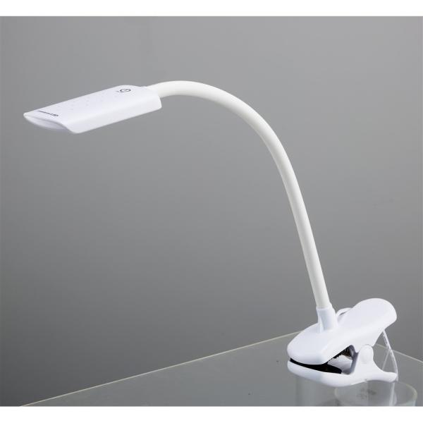 【仕様】●材質：プラスチック、鉄、シリコンゴム●サイズ：幅３２０ｘ奥行５５ｘ高さ３７０（mm）●重量：３４０ｇ●カラー：白●器具光束：１６０ｌｍ●消費電力：４Ｗ●タッチスイッチ●クリップタイプ●昼光色●付属品：ＵＳＢ入力対応ＡＣアダプター