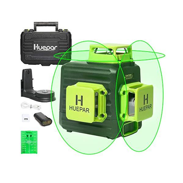 ◆商品名：Huepar 3x360° レーザー墨出し器 グリーン 緑色 レーザー クロスライン 大矩 フルライン照射モデル 自動補正 2電源方式 Type-C充電可能 受光器対応 B03CG【縦フルライン×2、横フルラインの3x360°タイ...