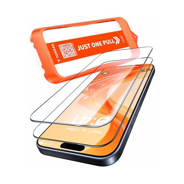 ◆商品名：TORRAS フィルム For iPhone 17 Pro ガラスフィルム 航空宇宙ガラス 9H+硬度 米軍MIL規格 全面保護 10倍強化 極細ベゼル対応 ラウンドエッジ 超簡単貼り付け ワンプル(Just One Pull) ...