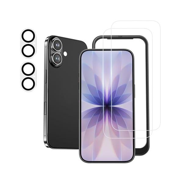 ◆商品名：NIMASO ガラスフィルム (2枚) + カメラフィルム (2枚) iPhone17 用 強化ガラス 保護フィルム ガイド枠付き カメラ保護 レンズカバー 硬度9H 耐衝撃 指紋防止 高透過率 いPhone17（6.3インチ）対...