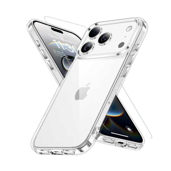 ◆商品名：17 Pro ケース クリア ガラス保護付き 黄変防止 17 プロ用 耐衝撃 17 ぷろ専用case 指紋防止 落下防止 17 pro ケース 耐久性 ストラップホール付き 薄型 軽量 ソフト ワイヤレス充電対応 17pro（6....