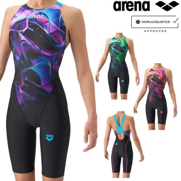 アリーナ ARENA 競泳水着 レディース WA承認モデル レーシングワンピーススパッツ オープンバック ハーフレッグ オールインワン AQUA RACING ECO AQUA STRIPE 2026年秋冬モデル AS6FRC86L fin...