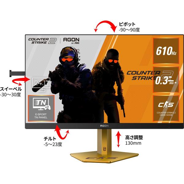 6973985233111 ゲーミング液晶ディスプレイ 24 1型 1920×1080 HDMI DisplayPort ブラック スピーカー なし 610Hz 黒 黒色 ディスプレイ モニター 高画質 目に優しい サブモニター オフィス家...