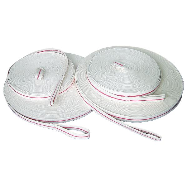 赤ラインの綿系平ロープ（両端ループ）30m1巻厚さ3.5mm幅40mm長さ30m・引張強度：300ｋｇ（30mm巾）　400ｋｇ（40mm巾）・ロープを握ったとき滑りにくい混綿素材を使用（真田織り）・両端に15ｃｍのループ加工付・素材や長さ...