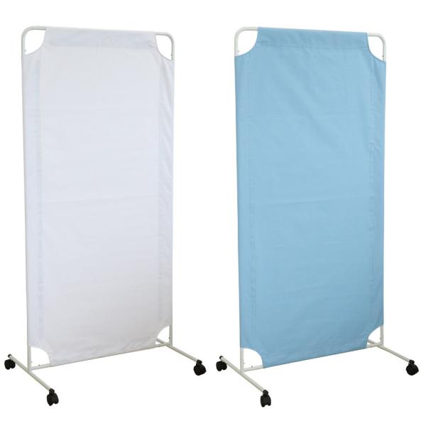 個人宅への配達は不可です。法人名（個人事業主でもOK)か店舗名が必要です。沖縄 離島へは配達できない商品です。ホワイトかブルーかを選択可能です。組立簡単シンプルなパーテーション。難燃性素材使用。キャスター付。サイズ186ｘ90cm。素材スチ...