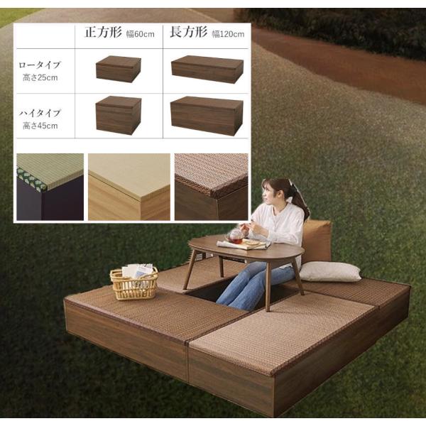 天然い草を使用した畳を外せば収納スペースに。複数組み合わせれば小上がりスペースを作れるユニット畳。素材プリント紙化粧パーティクルボード、張地い草。お客様組立式