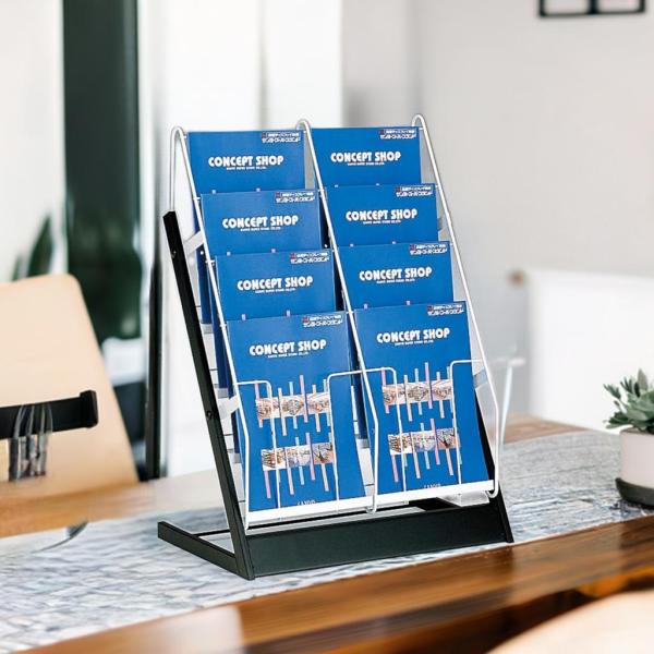 20110719 カタログスタンド【型】卓上タイプ2列4段：デザイン性・スペース効率・販促効率を兼ね合わせた、置く場所を選ばないシンプルな デザインのカタログスタンドです。●A4判2列×4段用●サイズ：W480mm×D290mm×H650m...