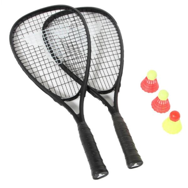 風のある外で楽しめる!普通のバドミントンのシャトルよりも風の影響を受けない特殊構造■カラー：BLK■特徴：ハンディラケット ( 軽量アルミ54.5cm ) 2本レーサーシャトル2個 + スターターシャトル 1個専用ケース