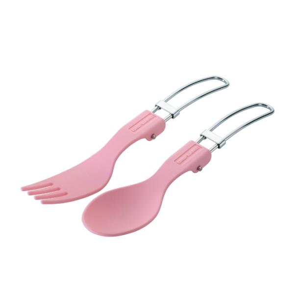 カラフルなカトラリーシリーズフォールディング仕様の軽量モデル。先端が樹脂製なのでフッ素等のコーティングを傷つけません。■カラー：パステルピンク■サイズ：使用時スプーン/約16cmフォーク/約17cm収納時スプーン/約9.5cmフォーク/約1...