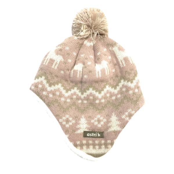 柔らかいアクリル糸をジャガード織りしふかふかフリースを内側に付けたニット帽です。■カラー：ベージュピンク■サイズ：54-56cm ( 7-10歳 )■素材：アクリル100%■特長：・柔らかいアクリル糸をジャガード織りにして、ふかふかなフリー...