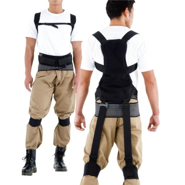肩から背面に配した2本の強化ベルトが背腰部の荷重負担を軽減します。腰まわりにフィットする3D設計のサポートベルトで腰から骨盤まで広範囲な安定を図ります。太もも裏側の筋肉（ハムストリング）の収縮をサポートして上体を起こす力を補助します。■サイ...