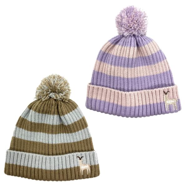 撥水加工糸を使ったボーダー柄リブ編みニット帽■カラー：ブルーブラウン、パープルピンク■サイズ：54-56cm ( 7-10歳 )■素材：撥水アクリル100%■特長：・撥水アクリルを使用したボーダー柄リブ編みニット帽。・撥水を施しているので雪...