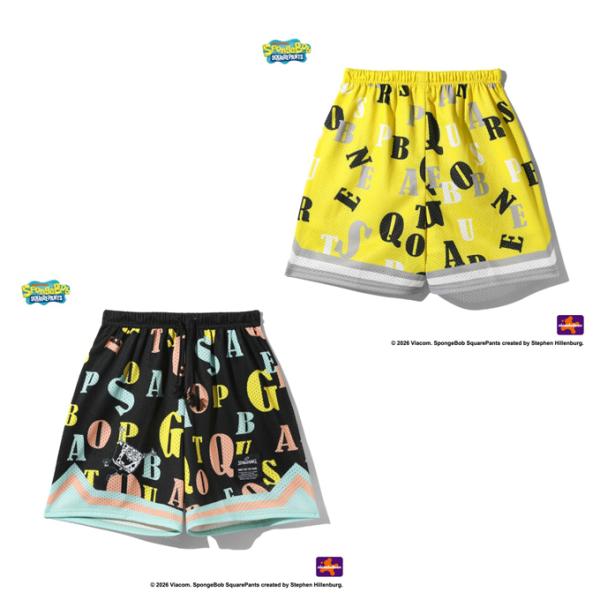 モノトーンのスポンジ・ボブのタイポグラフィ柄メッシュパンツ■カラー：イエロー、ブラック■サイズ：150 ( ウエスト/59cm、股下/12.5cm )160 ( ウエスト/62cm、股下/13.5cm )※製品によって仕上りサイズに多少の誤...