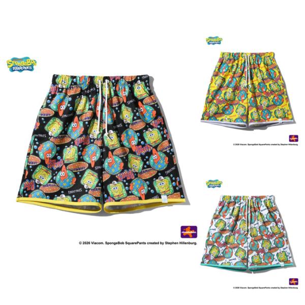 スポンジ・ボブとパトリックのカラフルな総柄パイピングパンツ。使用済みペットボトルを使用したエコフレンドリーなリサイクル生地を使用しています■カラー：ブラック、イエロー、ホワイト■サイズ：140 ( ウエスト/56cm、股上/27cm、股下/...