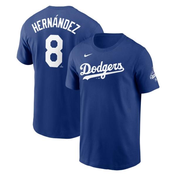 NIKE 2025 ロサンゼルス・ドジャース ワールドシリーズ 優勝記念 キケ・ヘルナンデス選手のネームアンドナンバーTシャツ。■カラー：PRIMARY-D※こちらのアイテムは、US規格商品です。■サイズ(cm)：M（US-S）: 身幅/4...