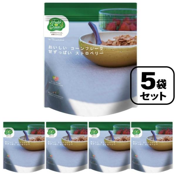 いちご果汁を使用した自然の甘みと酸味を感じるコーンフレーク■容量：140g×5袋■栄養成分：35ｇあたり　エネルギー/135kcal、たんぱく質/1.8g、脂質/0.4g、炭水化物/31.4g(糖質/30.9g、食物繊維/0.5g）、食塩相...