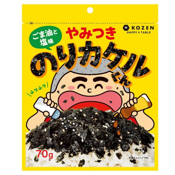 「商品情報」のりカケルくんごま油と塩味70g。「主な仕様」常温ブラント名: 小善本店メーカー名: 小善本店商品の重量: 100 g