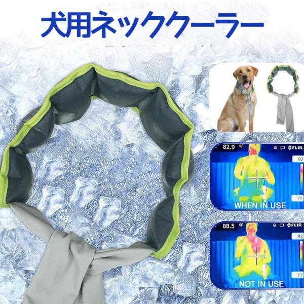 商品名：犬用ネッククーラー 冷感タオル素材：春亜紡糸仕様：竹節紗 7 番手吸水時間：21-25 秒サイズ：約 35×9cm重量：約 45gカラー：グレー × グリーン、グレー × ブルー、パープル、ブルー特長：急速冷却、繰り返し使用可用途：...