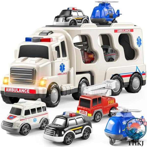 CITY HEROES 車両セット - 緊急救助車両のおもちゃセットには、大型の救急車輸送トラックと救助ヘリコプター1台、パトカー1台、消防車1台、救急車1台が含まれています。 法執行機関や緊急サービスについて子供たちに教えるために設計され...