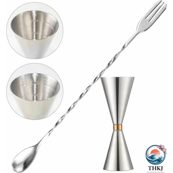 「バーテンダーセット」目盛り付き30ml/45mlジガーカップx 1、30cmバースプーン×1。プロのバーテンダーでも一般人でも、最もベースなバーテンダーツールセットです。  「上質なステンレス」厳選されたステンレス素材で作り上げ、耐久性が...